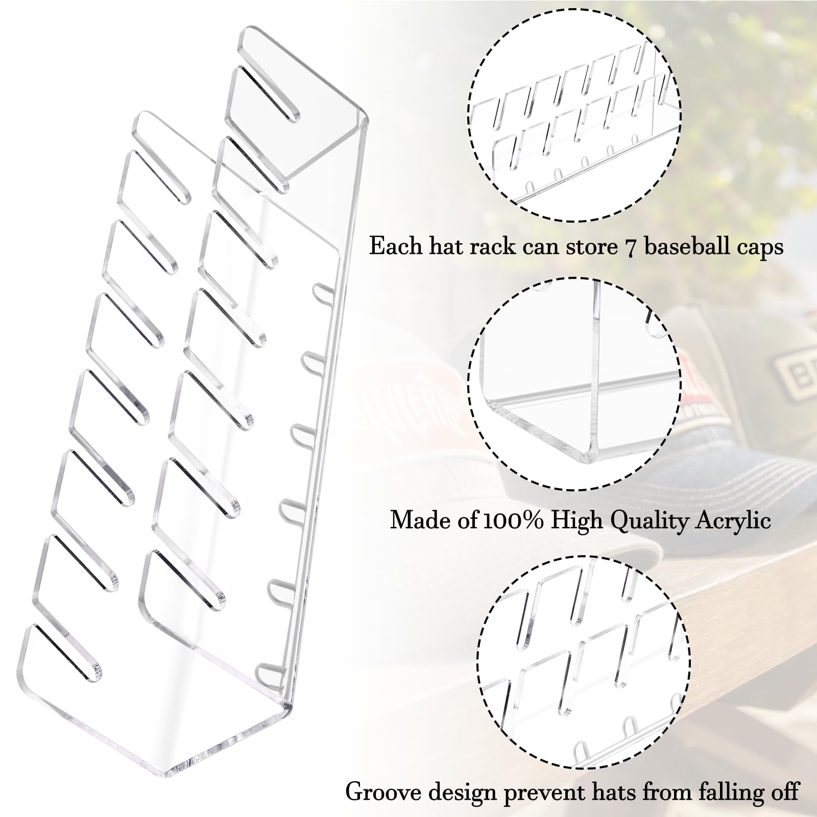 Waipfaru 2 Pcs Hat Stand for Baseball Caps, Acrylic Hat Organizer Display Holder, No Install Hat Rack Shelf for 14 Baseball Caps for Bedroom, Closet, Dresser(Clear)