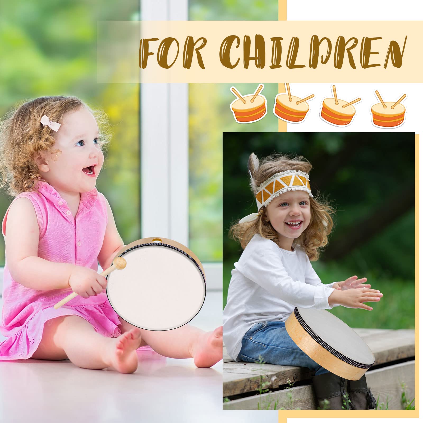 Hand Drum Percussion Wood Frame Drum With Drum Stick 10 Inch 8 Inch 6 Inch Kids Drums Musical Instruments For Adults Drums Beginners Adults for Home School Party Supplies(Wood Color)