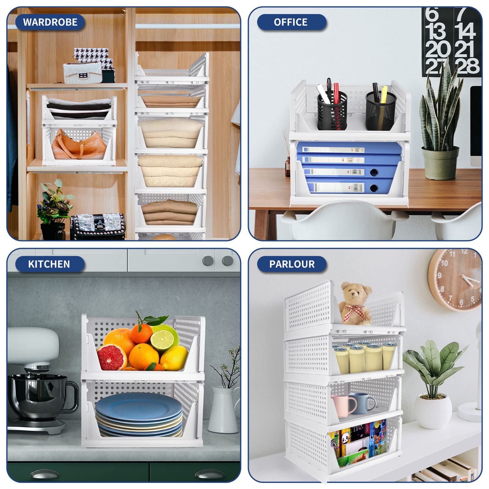 mupera Storage Drawers Clothes Stackable - White Plastic Folding Storage Plastic Bin, Push-pull Clothes Organizer Shelf, Collapsible Storage Box for Wardrobe Bathroom Kitchen Office(2 Pack L)