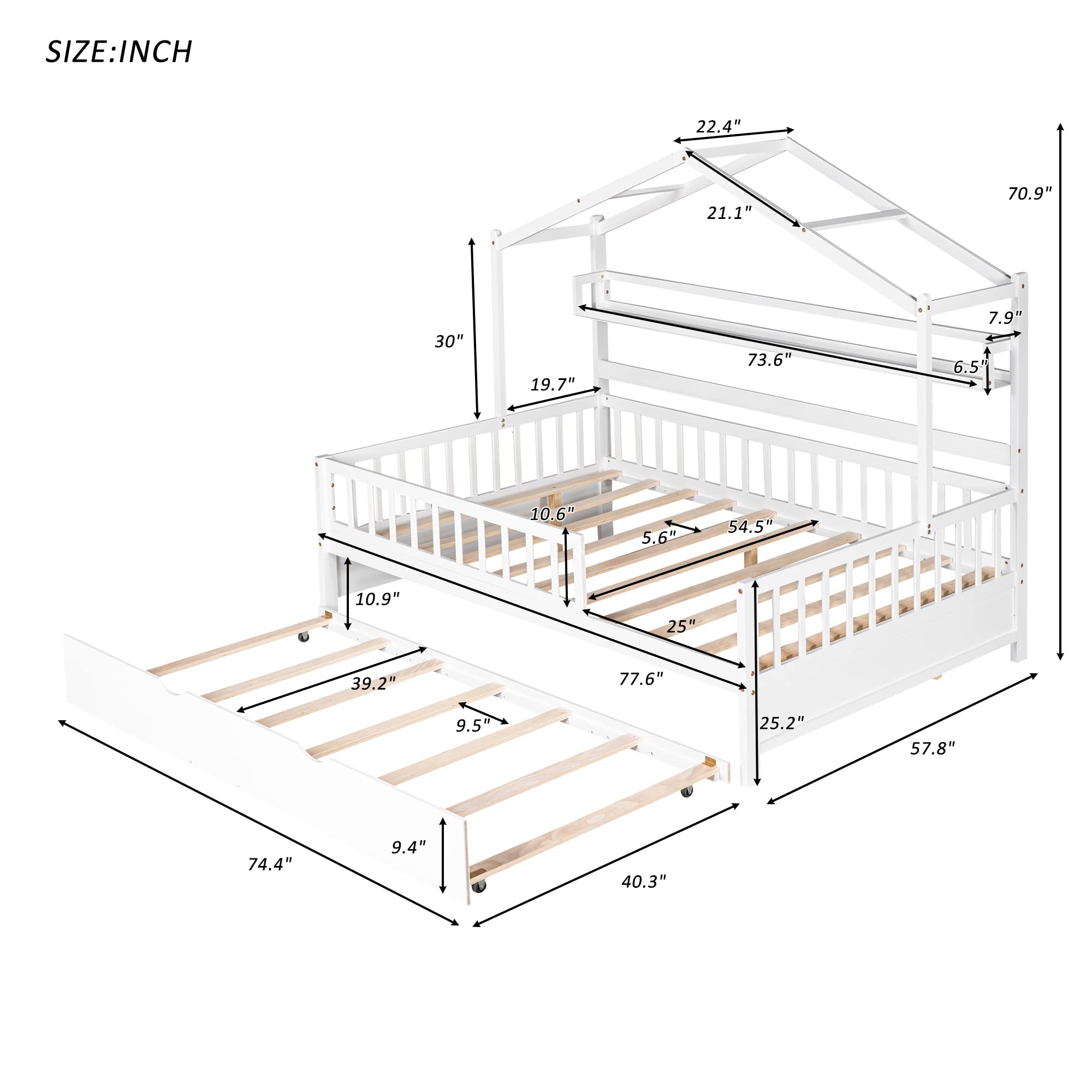 Merax Full Size House Bed with Trundle, Wooden Full Size Platform Bed Frame with Shelf, No Box Spring Needed, White