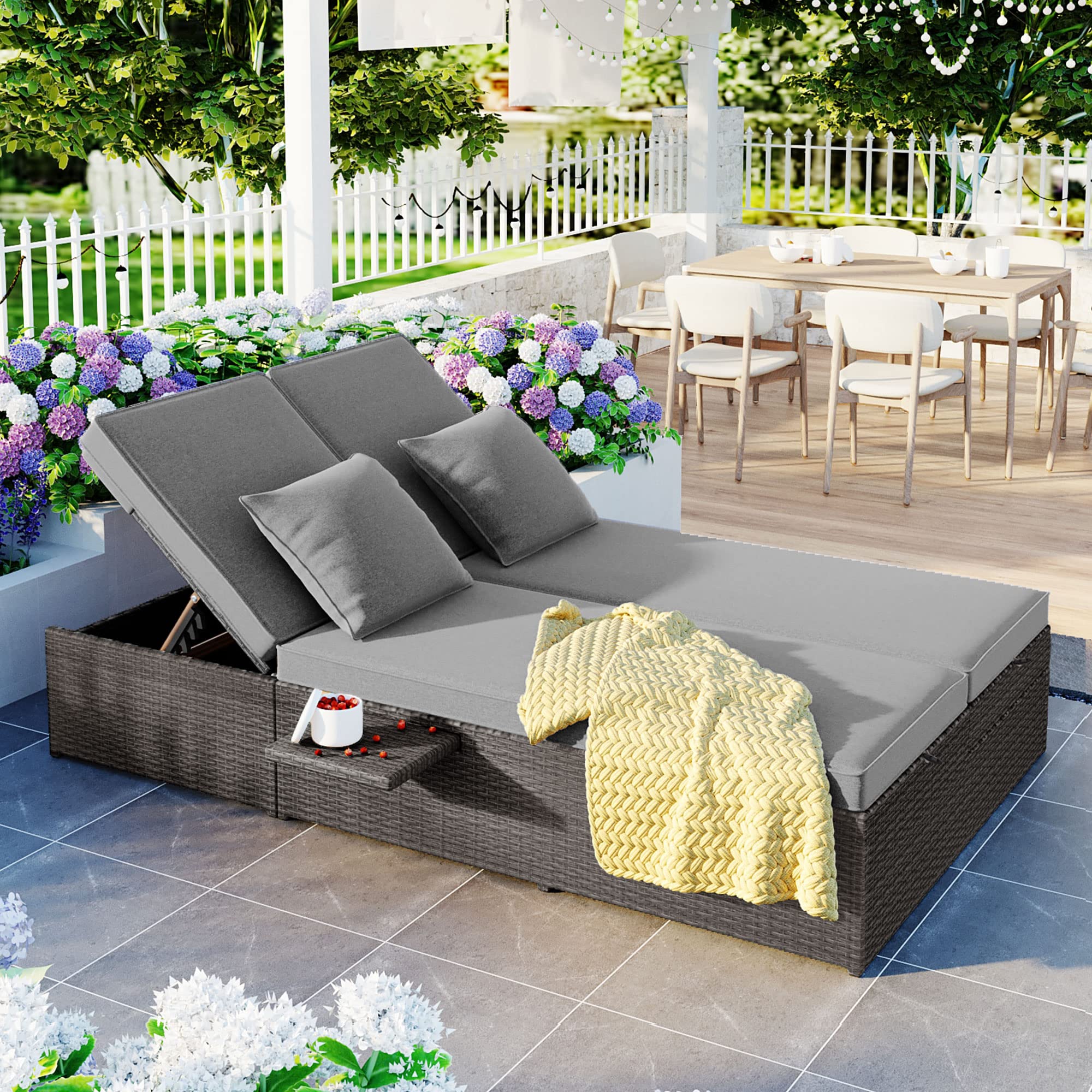 Outdoor PE Rattan Daybed Double Reclining Chairs with Adjustable Backrest and Cup Tray, All Weather Patio Sunbed Lounge Chair Conversations Sofa with Thick Cushions and Pillows for 2 Person (Gray-D)
