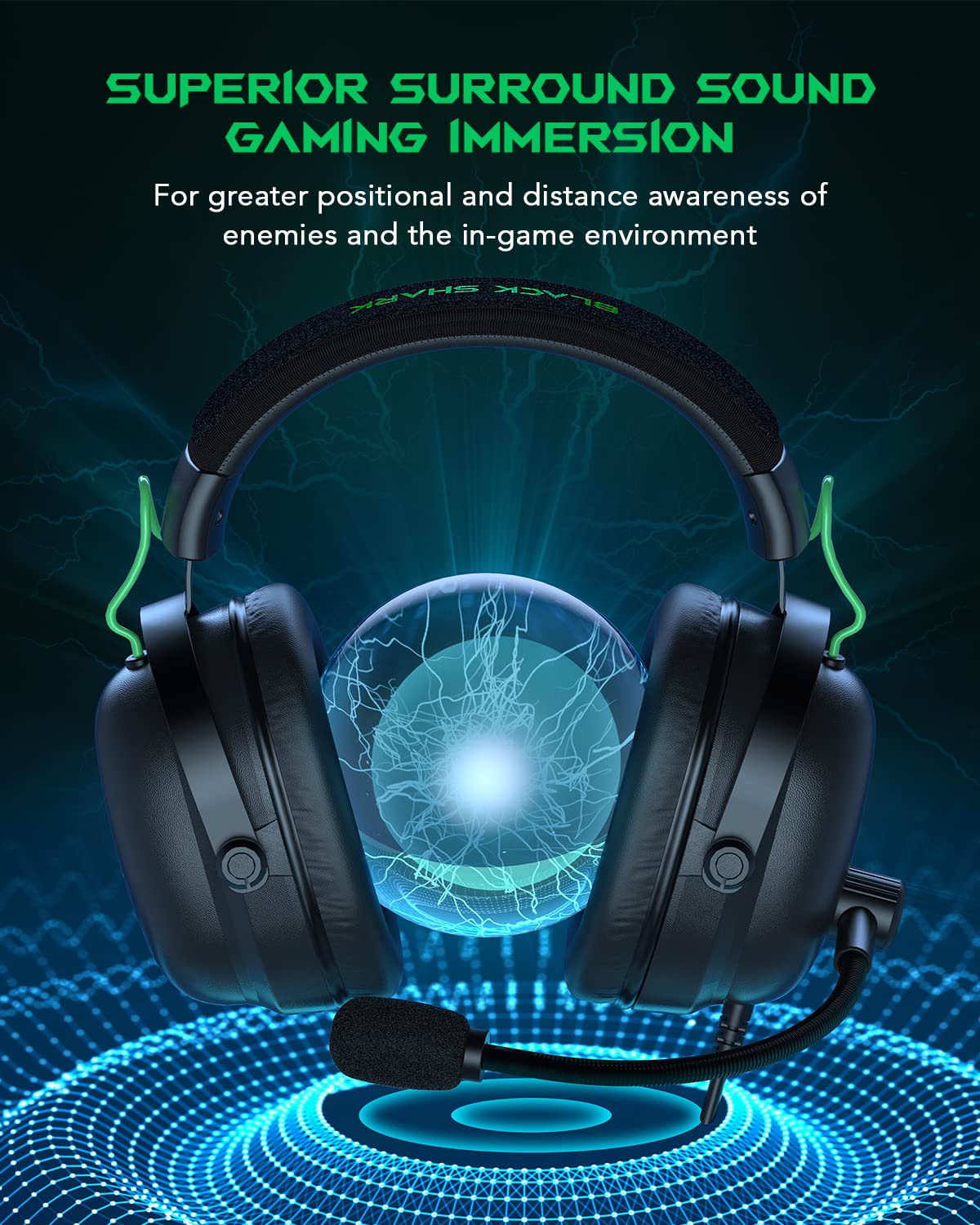 Black Shark Gaming Headset with Noise Canceling Cardioid Mic, Gaming Headsets for PC, PS4, PS5, Xbox, Switch, 50mm Dynamic Drivers, Over-Ear Gaming Headphones with Microphone & LED Light
