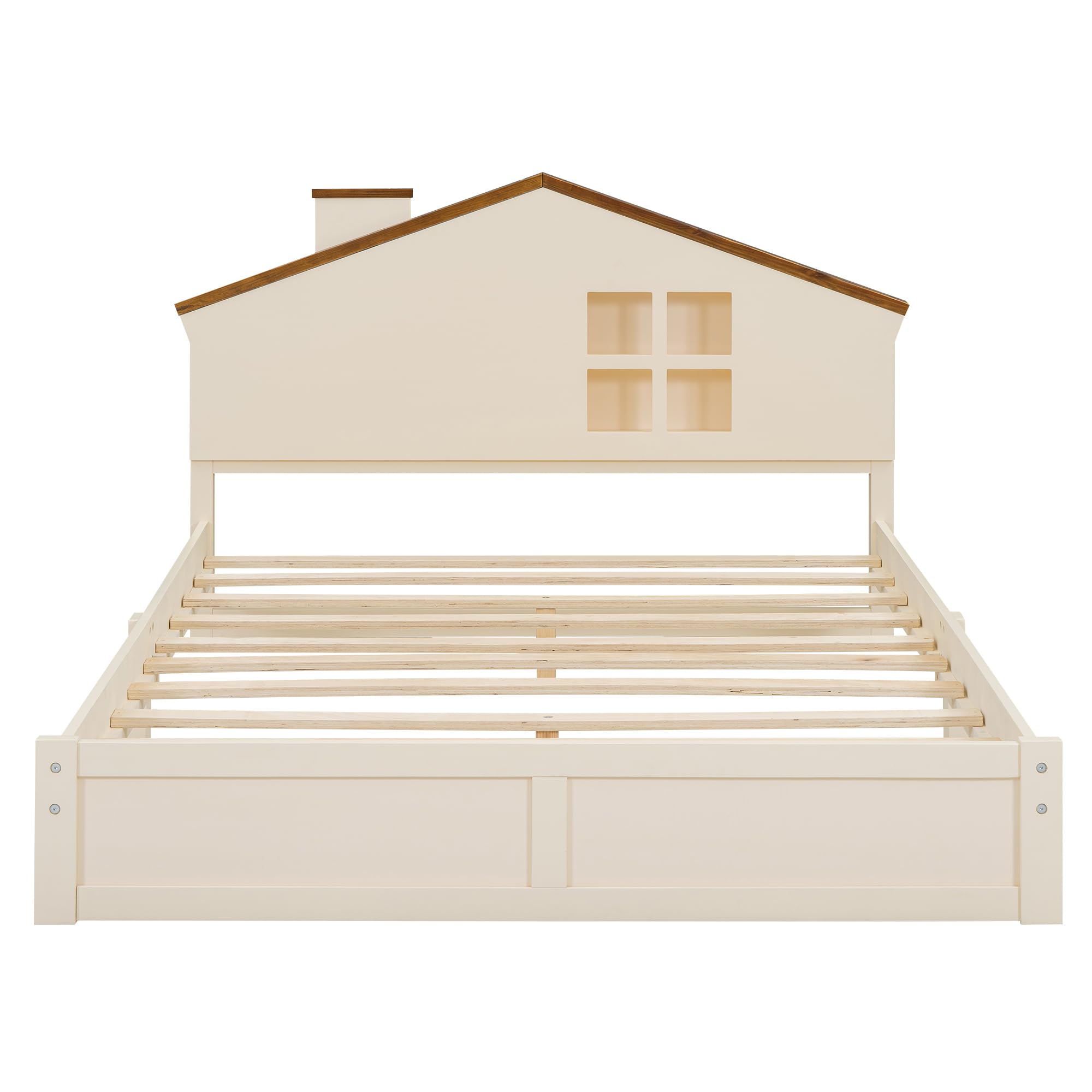 Harper & Bright Designs Full Size Bed Frame with House-Shaped Headboard, Wood Kids Platform Bed with Built-in LED, Cute Single Bed for Girls Boys, No Box Spring Needed (Full,Walnut+Milk White)