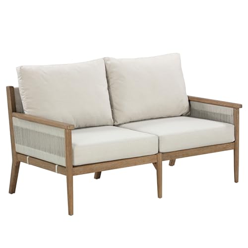 Nathan James Kayden Bohemian 3-Piece Patio Conversation Set, Outdoor Loveseat Set with Removable Cushion Covers, Solid Acacia Wood Patio Loveseat and Chairs, Light Brown