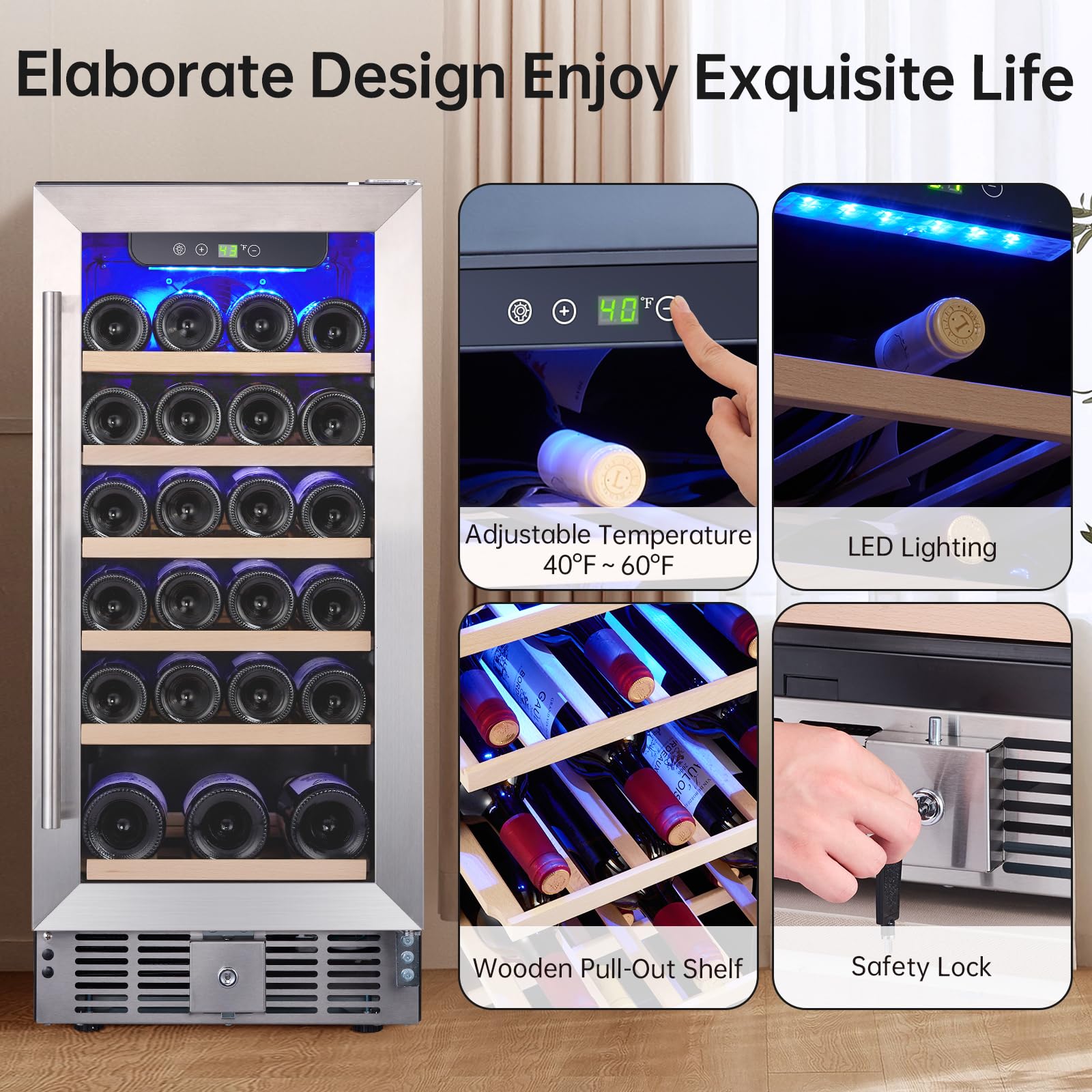 Takywep 30 Bottles Wine Fridge Under Counter, 15 Inch Wine Cooler with 40~60°F Digital Temperature Control, Safety Lock, All Wood Removable Shelves, Stainless Steel+Glass Door, Built-In Wine Cellars