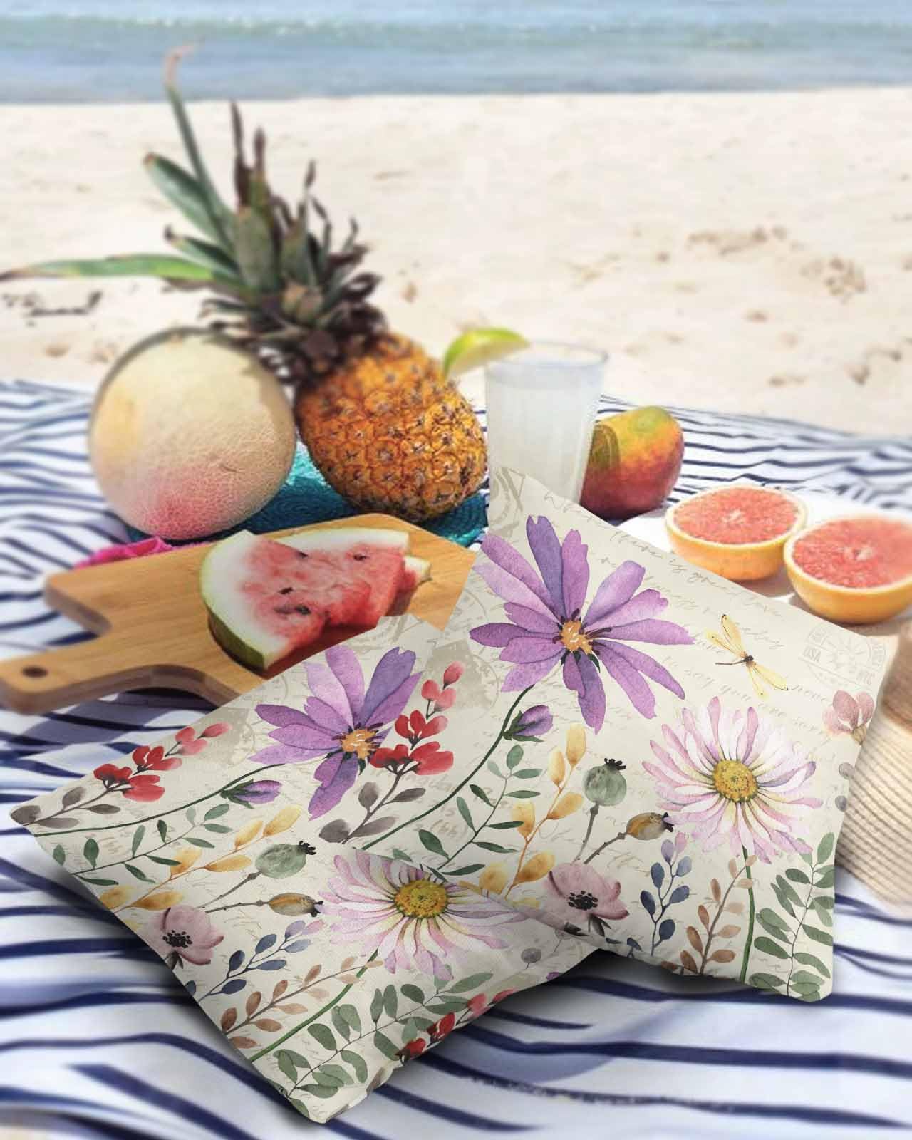 Purple Pink Floral Outdoor Pillow Cover 16x16 Inch Cushion Sham Case,Waterproof Decorative Square Throw Pillowcase for Garden Patio Porch Couch Chair Tent Watercolor Floral Spring Botanical Plant