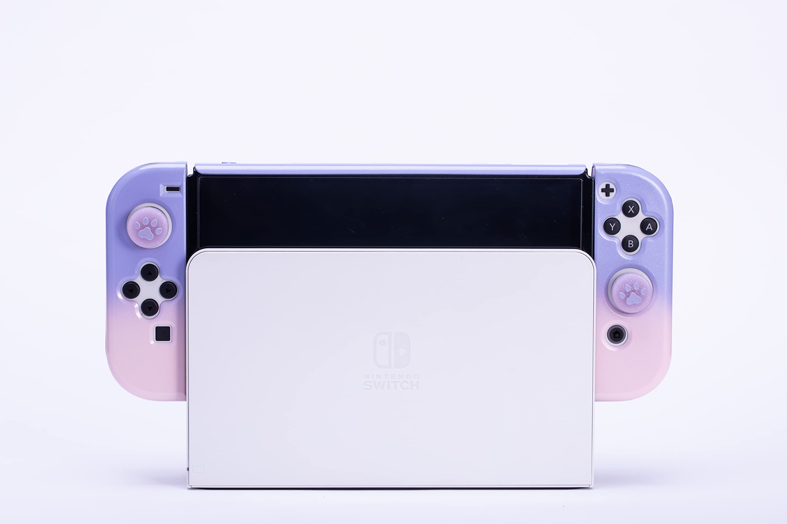 Kawvisy Dockable Case Compatible with Switch OLED Model, Hard PC Cover for Switch OLED and Joy Con Controller, Protective Case with Screen Protector and 4 Thumb Grip Caps (Purple and pink)