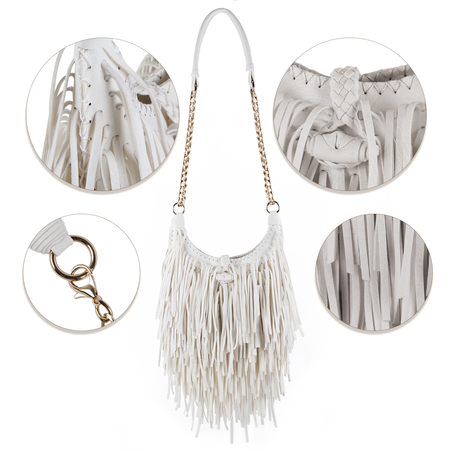 LUI SUI Women's Fringed Faux Suede Leather Cross Body Bag Chain Shoulder Bag Tassel Handbag (White)