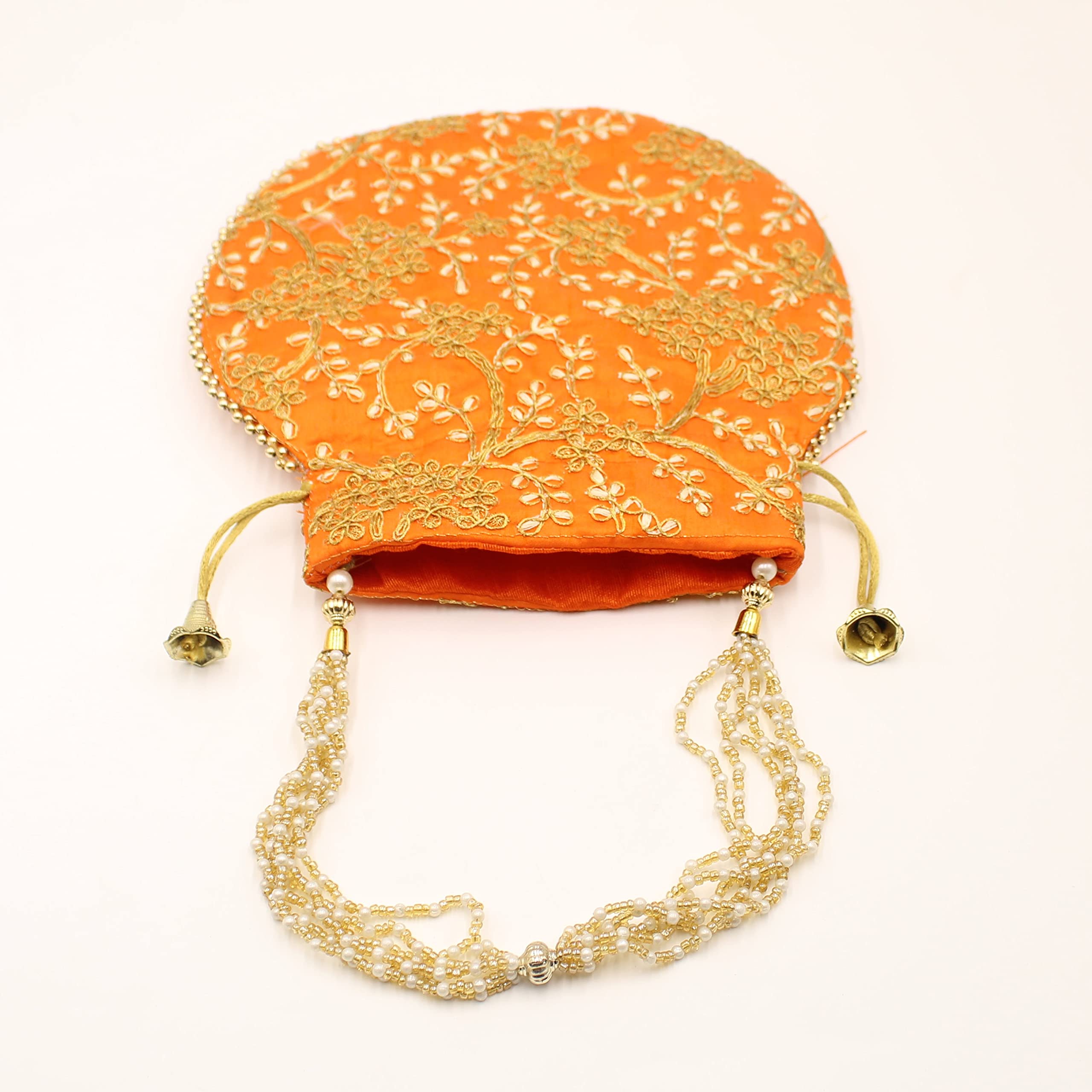Indian Handmade Flower Embroidered Multi Color Silk Potli Bag Clutch Purse Pouch Drawstring Bag For Women's Wedding Gift (Orange)
