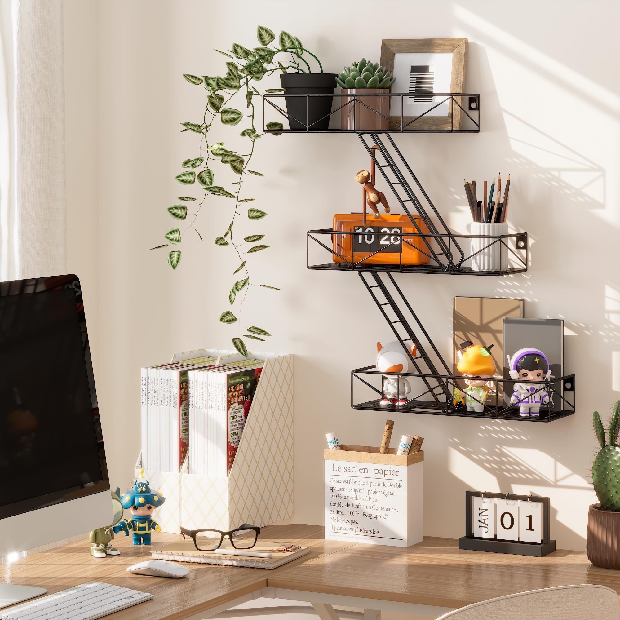 Sumbame Fire Escape Wall Shelf - 3 Tier New York Metal Ladder Shelf, Storage Black Decorative Shelves, Unique Decor Display Shelf for Living Room, Bathroom, Study Room, Funky Home