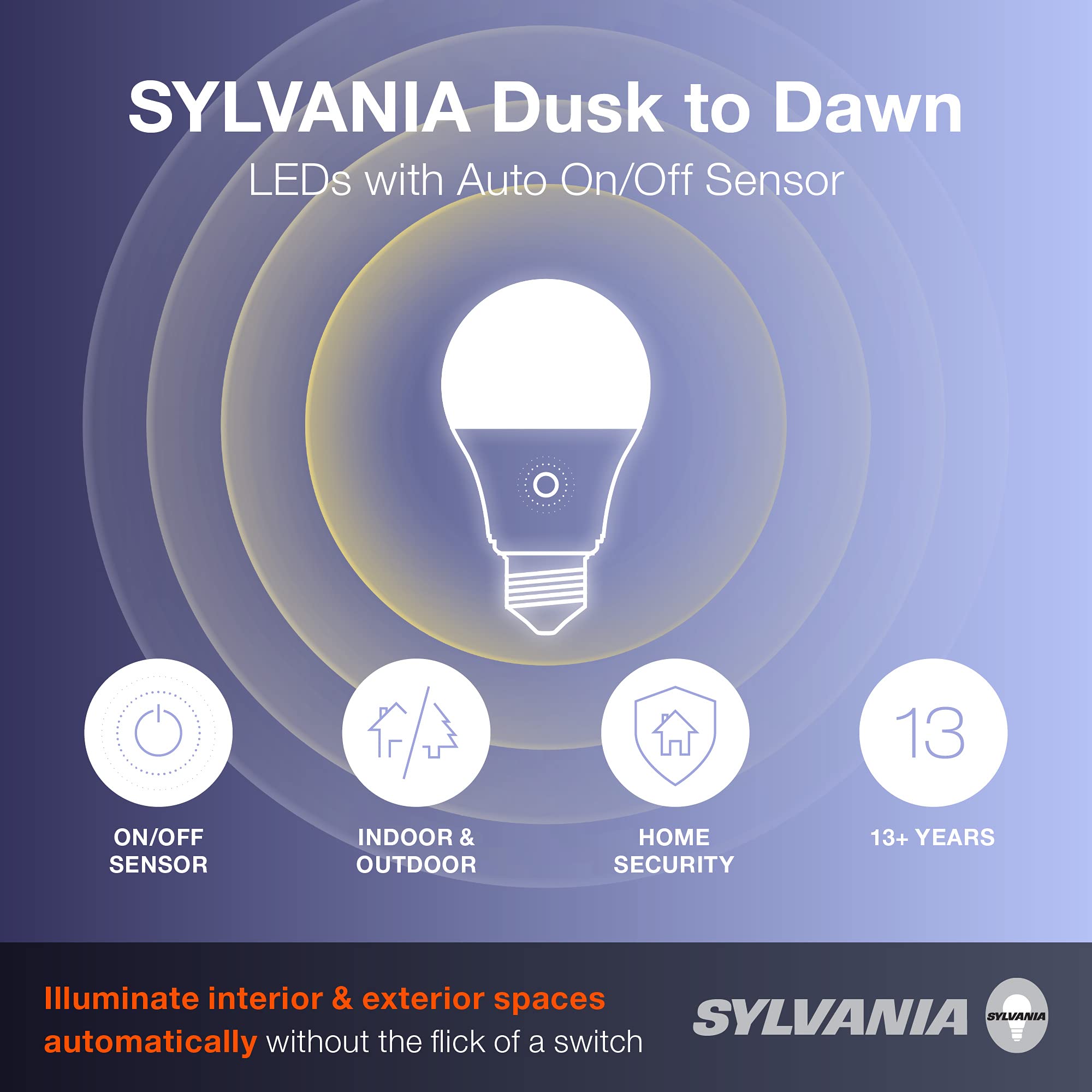 SYLVANIA Dusk to Dawn A19 LED Light Bulb with Auto On/Off Light Sensor, 60W=9W, 800 Lumens, 5000K, Daylight - 1 Pack (41289)