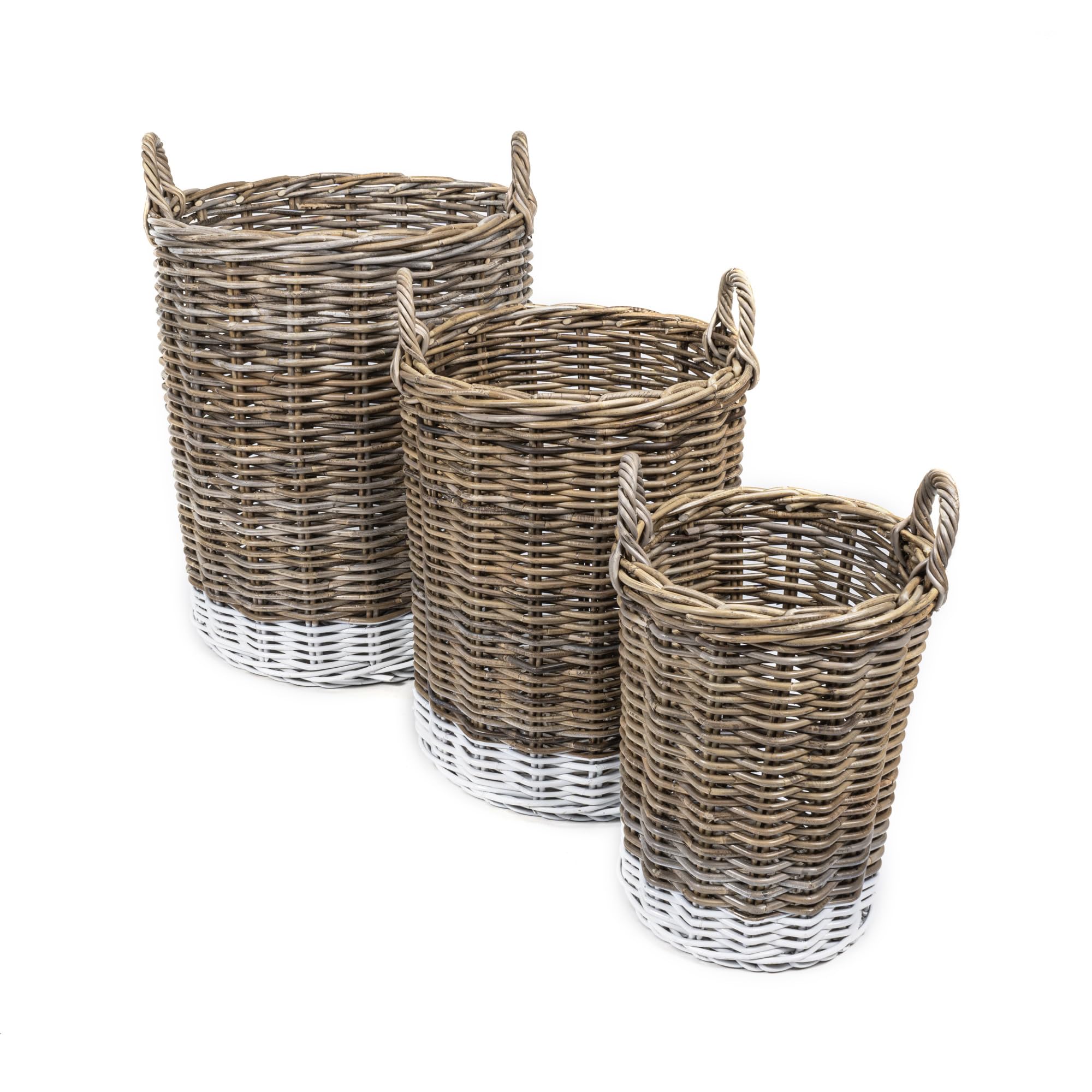 happimess BSK1000A-3SET Ternion Cottage Hand-Woven Rattan Nesting Baskets with Handles for Storage and Decoration in Bedroom, Living Room, Laundry Room, Entryway, Kubu Gray/White (Set of 3)