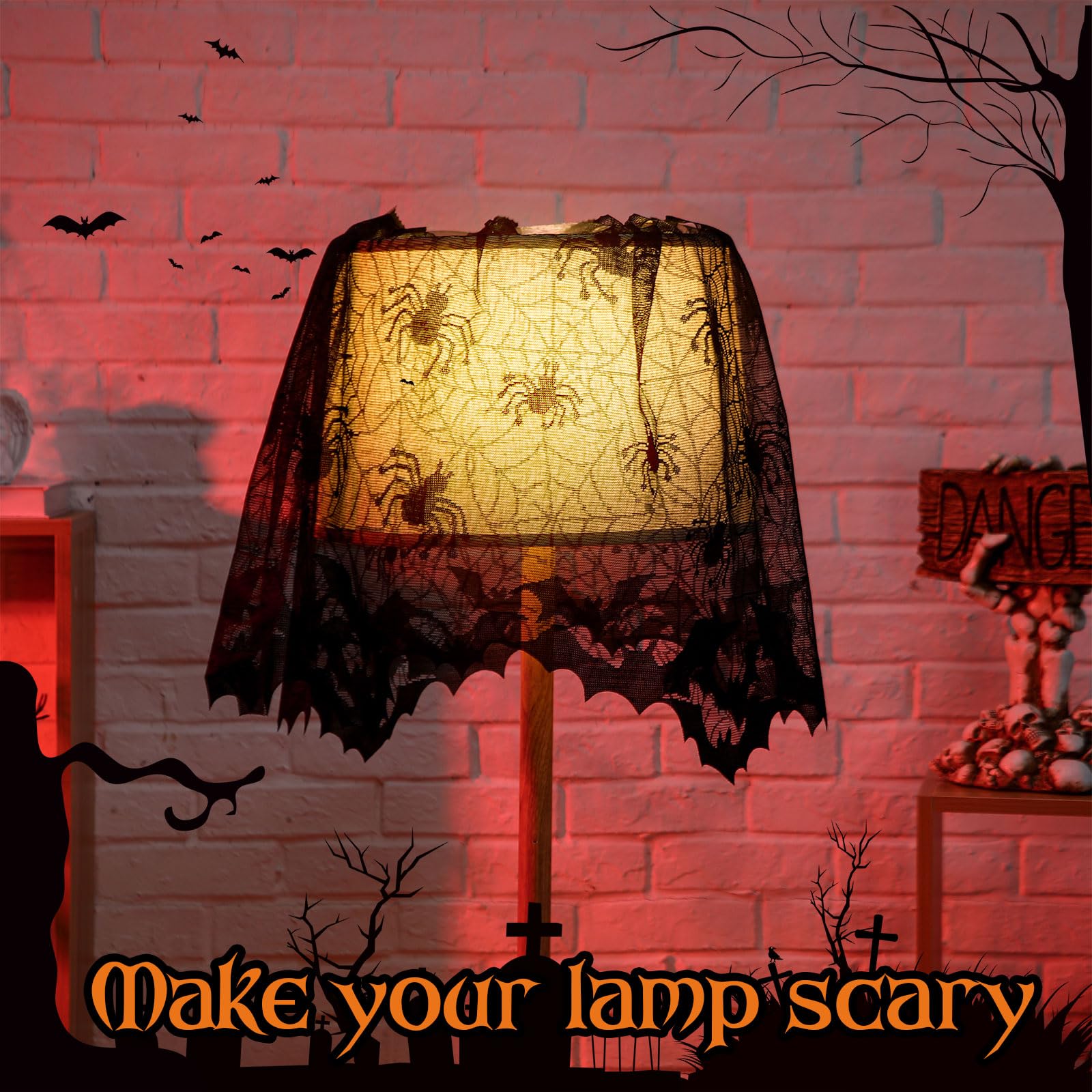 Preboun 4 Pcs Halloween Goth Valance Curtains Kitchen Decor Black Lace Skull Bat Gothic Spooky Witchy Short Shower Curtains Room Decoration for Halloween Party Supply