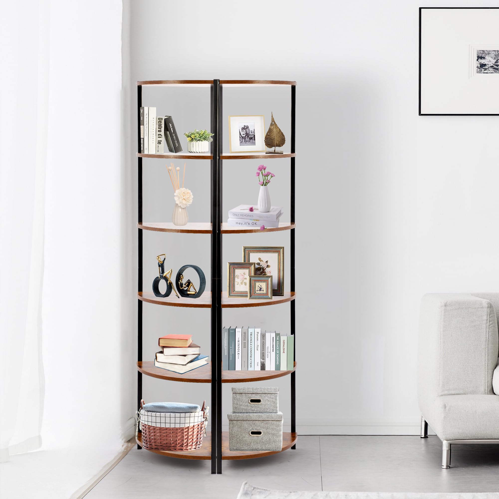 thksbought 6 Tier Corner Shelf,Display Shelf,Ladder Corner Wooden Storage Metal Frame Shelf,Multi-Functional Shelf Unit Wall Corner Shelf for Bedroom,Bathroom and Office Space (1,Dark Brown)
