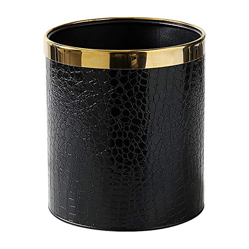 Huaqinglian Small office trash can garbage can Metal Open top wastebasket bin with removable gold ring which for hold garbage bag for Bathroom,Living room,bedroom Using (Black Crocodile Pattern)