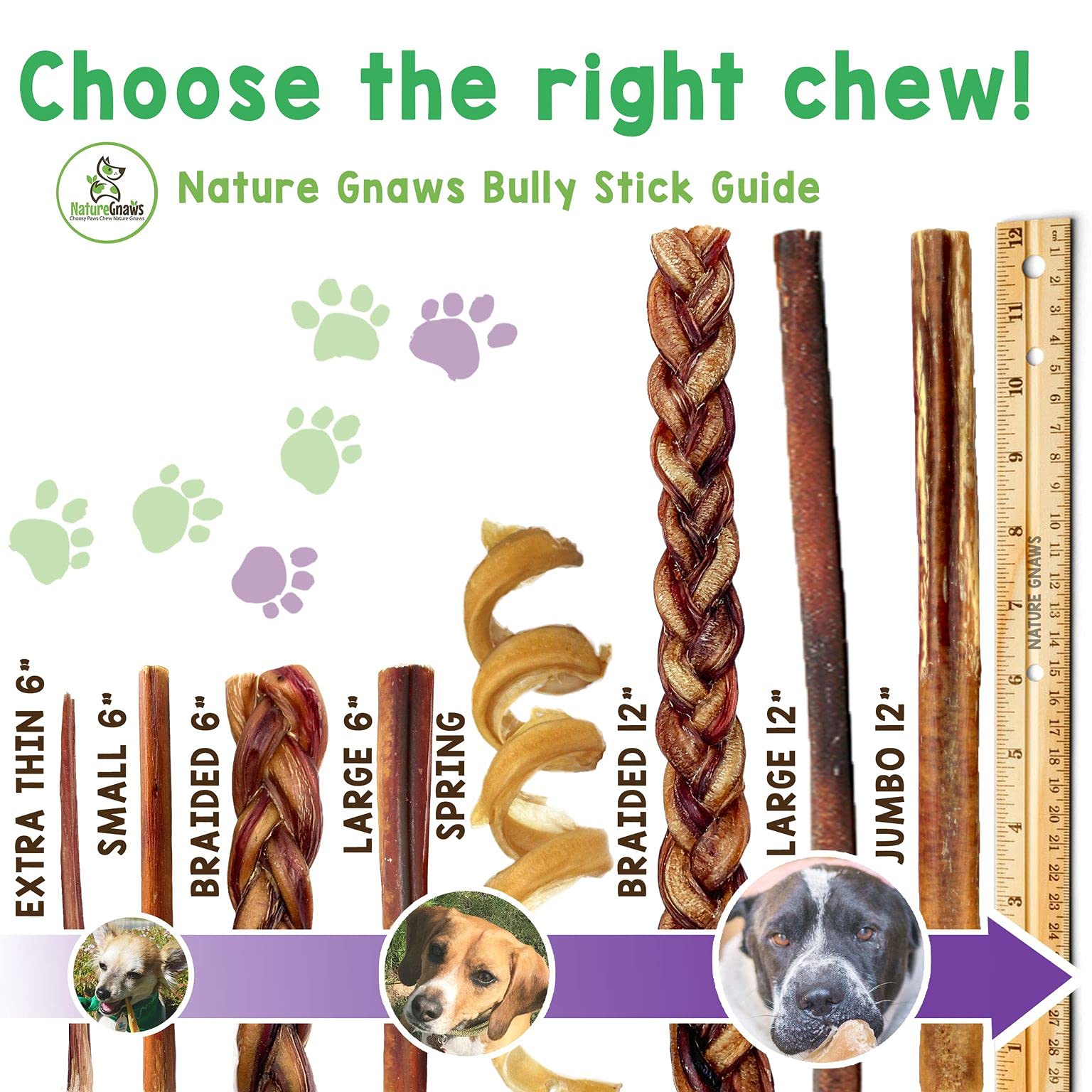 Nature Gnaws Bully Sticks for Dogs - Premium Natural Beef Dental Bones - Long Lasting Dog Chew Treats for Aggressive Chewers - Rawhide Free - Mixed Thickness 11-12"