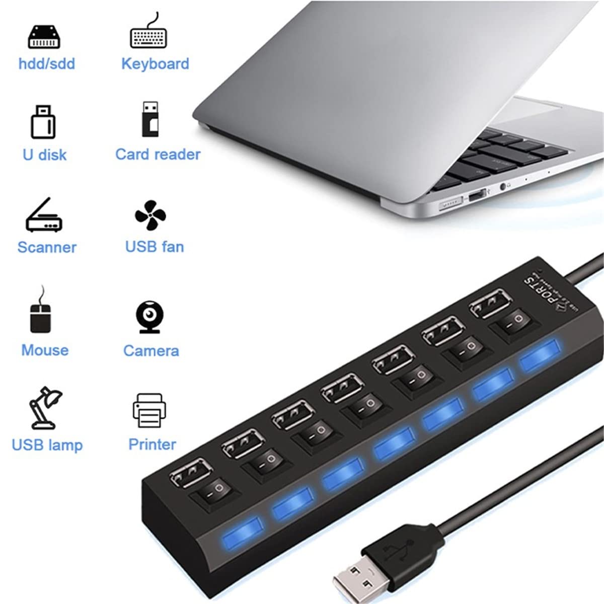 TXY 7 Port High Speed HUB USB 2.0 HUB Hub Power On/Off Switch LED for Pc Laptop USB Hub Splitter USB Adapter Charger (Black)