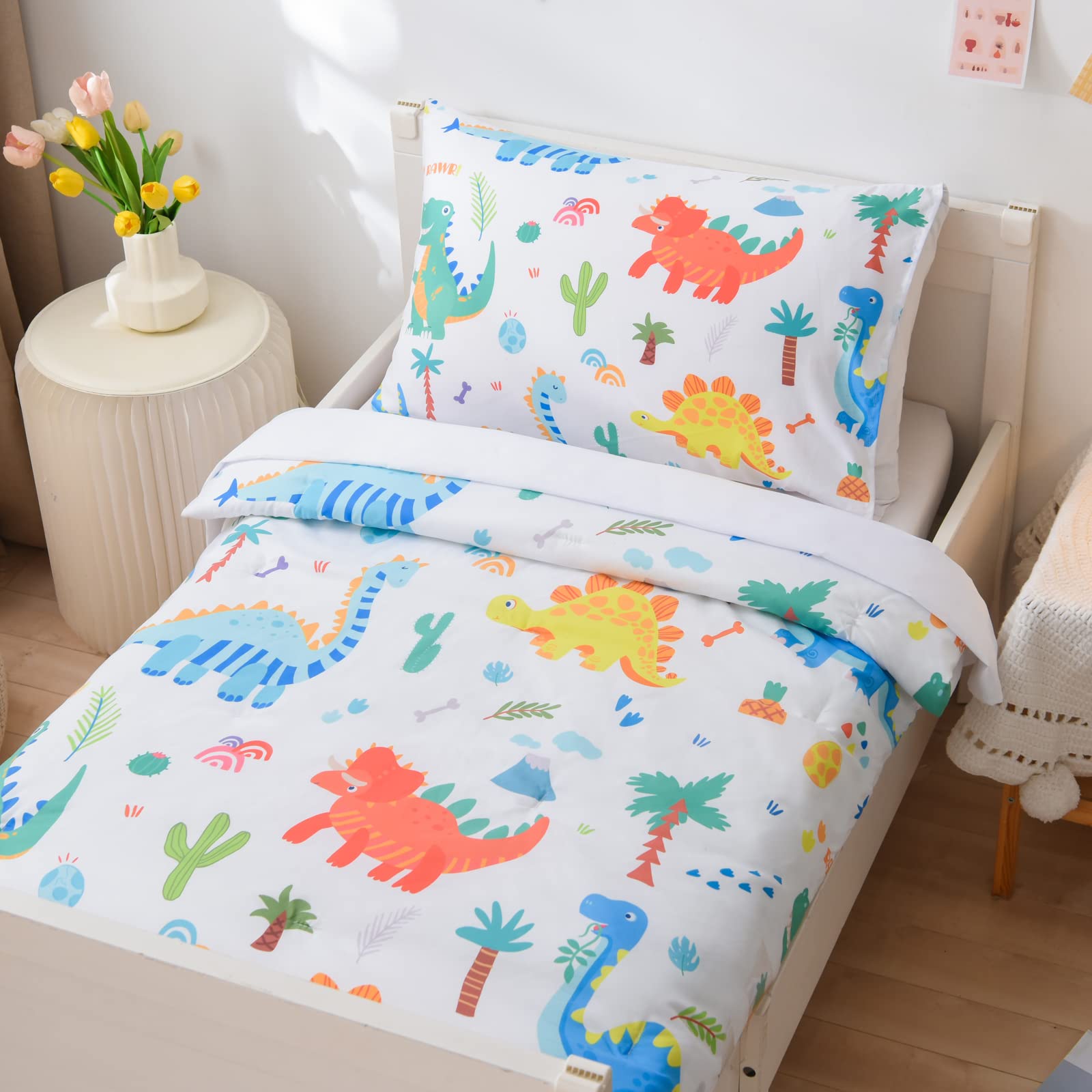 PHANTASIM Dinosaur Theme Print Toddler Bedding Set-Kids Bedding Set 4 Piece Toddler Bed Sheet Set - Standard Size Includes Comforter, Flat Sheet, Fitted Sheet and Pillowcase for Girls and Boys