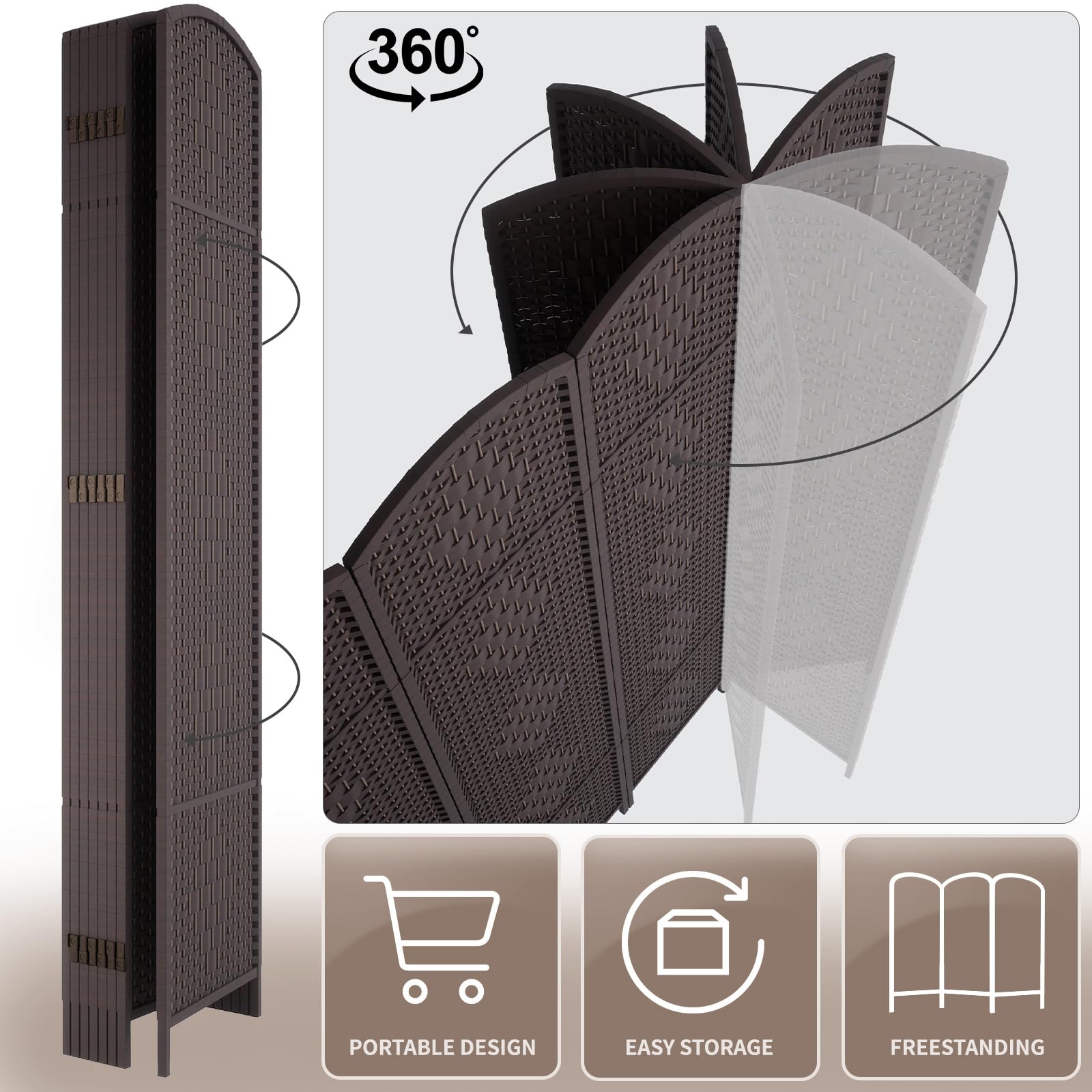 RHF 6 ft.Tall Room Divider, Room Dividers and Folding Privacy Screens, 15.7" Privacy Screen 4 Panels Room Divider Wall Partition, Dark Coffee