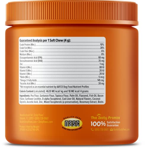 Zesty Paws Omega 3 Alaskan Fish Oil Chew Treats for Dogs - with AlaskOmega for EPA & DHA Fatty Acids - Hip & Joint Support + Skin & Coat Bacon Flavor β 90 Count