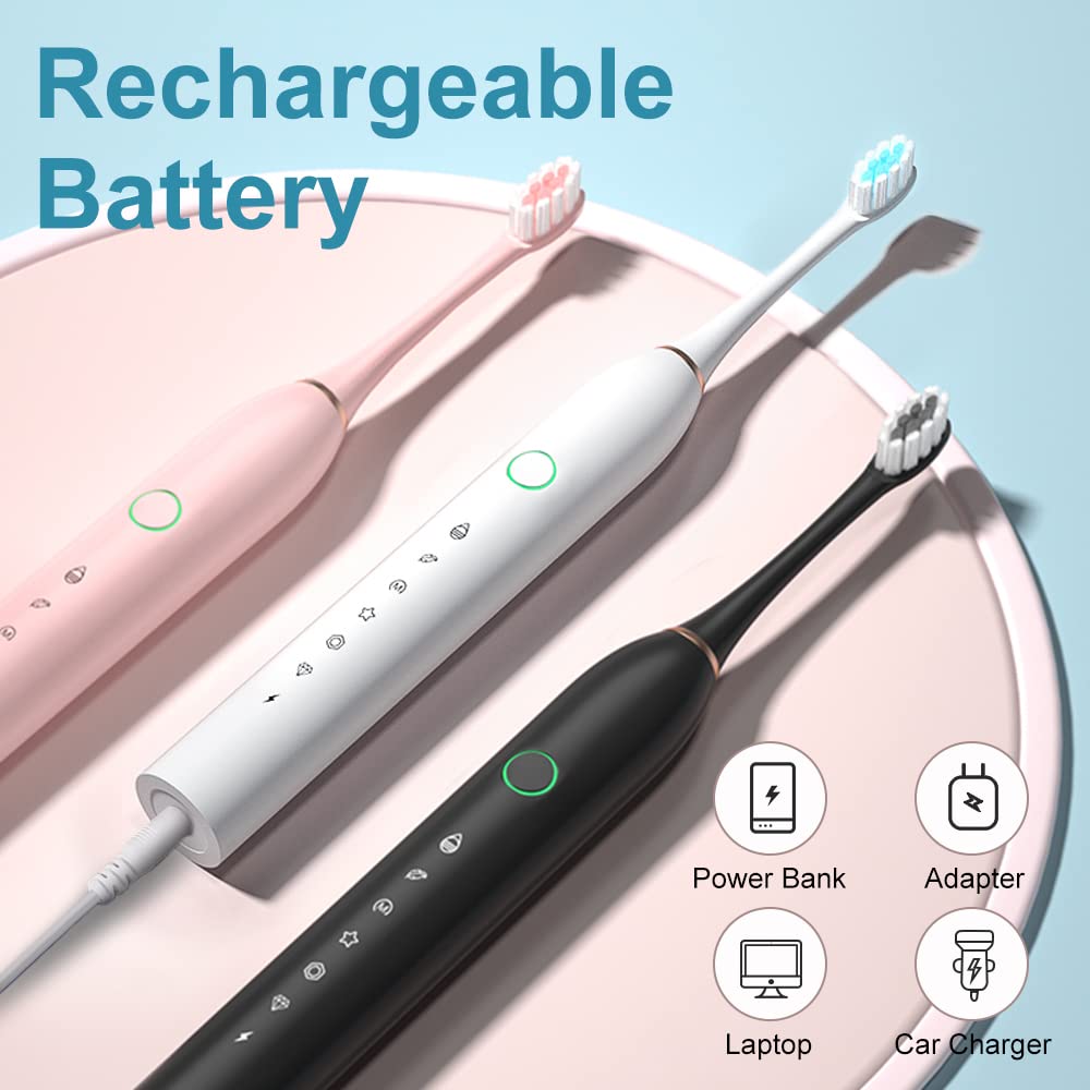 SUNPRO 2 Pack Sonic Electric Toothbrush, 6 Modes, 42000vpm, 2 Minute Built-in Timer with 8 Brush Heads (Black+Pink)