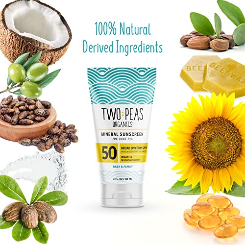 Two Peas Organics - All Natural Organic SPF 50 Sunscreen Lotion - Coral Reef Safe - Baby, Kid & Family Friendly - Chemical Free Mineral Based Formula - Waterproof & Unscented β 3oz