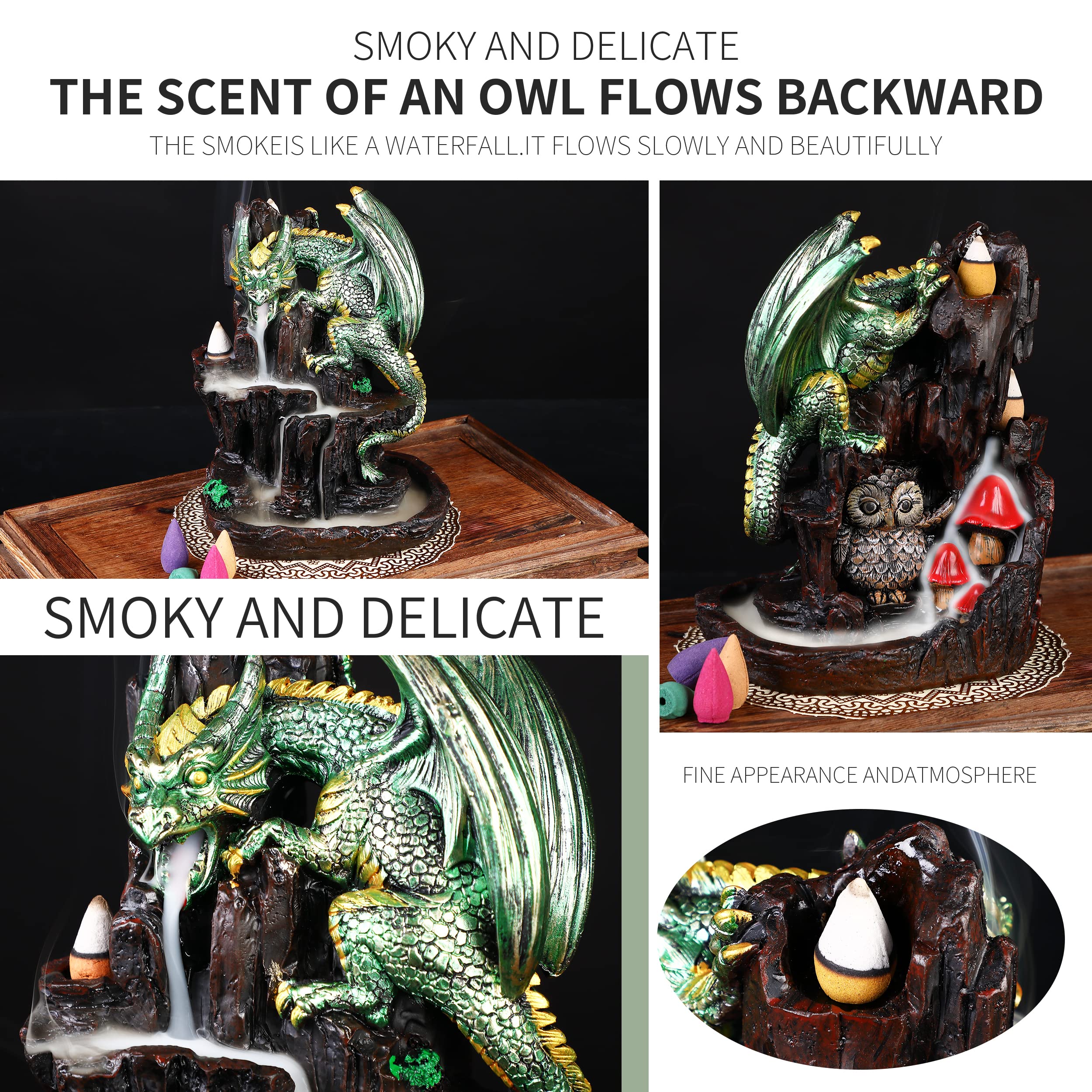 Zvaiuk Dragon Backflow 2 Sided Mountain Waterfall Incense Burner,Fountain Smoke Incense Holder with 100 Backflow Incense Cones, Tweezers, Mat,Resin Aromatherapy Meditation Decor