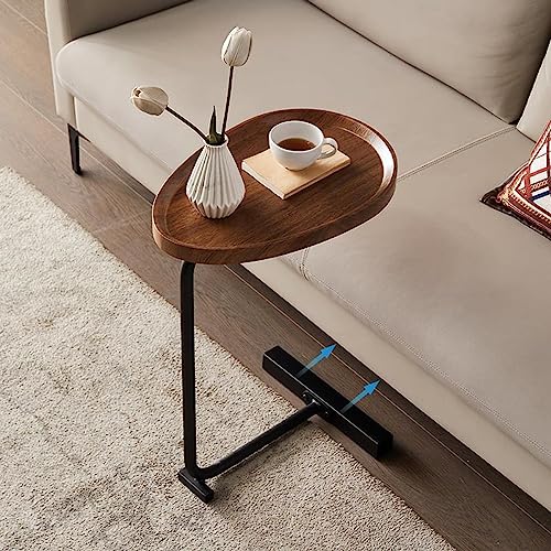 TRUNYAQI C Shaped Bed Side Table, Small Spaces End Table for Sofa and Bedside, Couch Tables That Slide Under, Small Coffee Side Table for Bedroom Living Room, 18”L X 12”W Tabletop (Brown+Black)