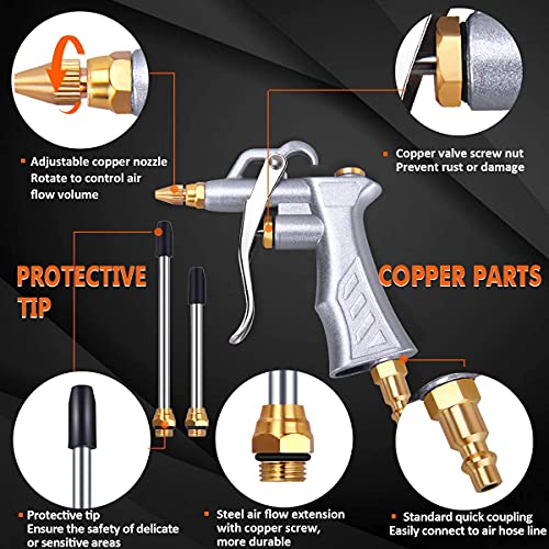 JASTIND Industrial Air Blow Gun with Brass Adjustable Air Flow Nozzle and 2 Steel Extension, Pneumatic Air Compressor Accessory Tool Dust Cleaning and Blower Gun