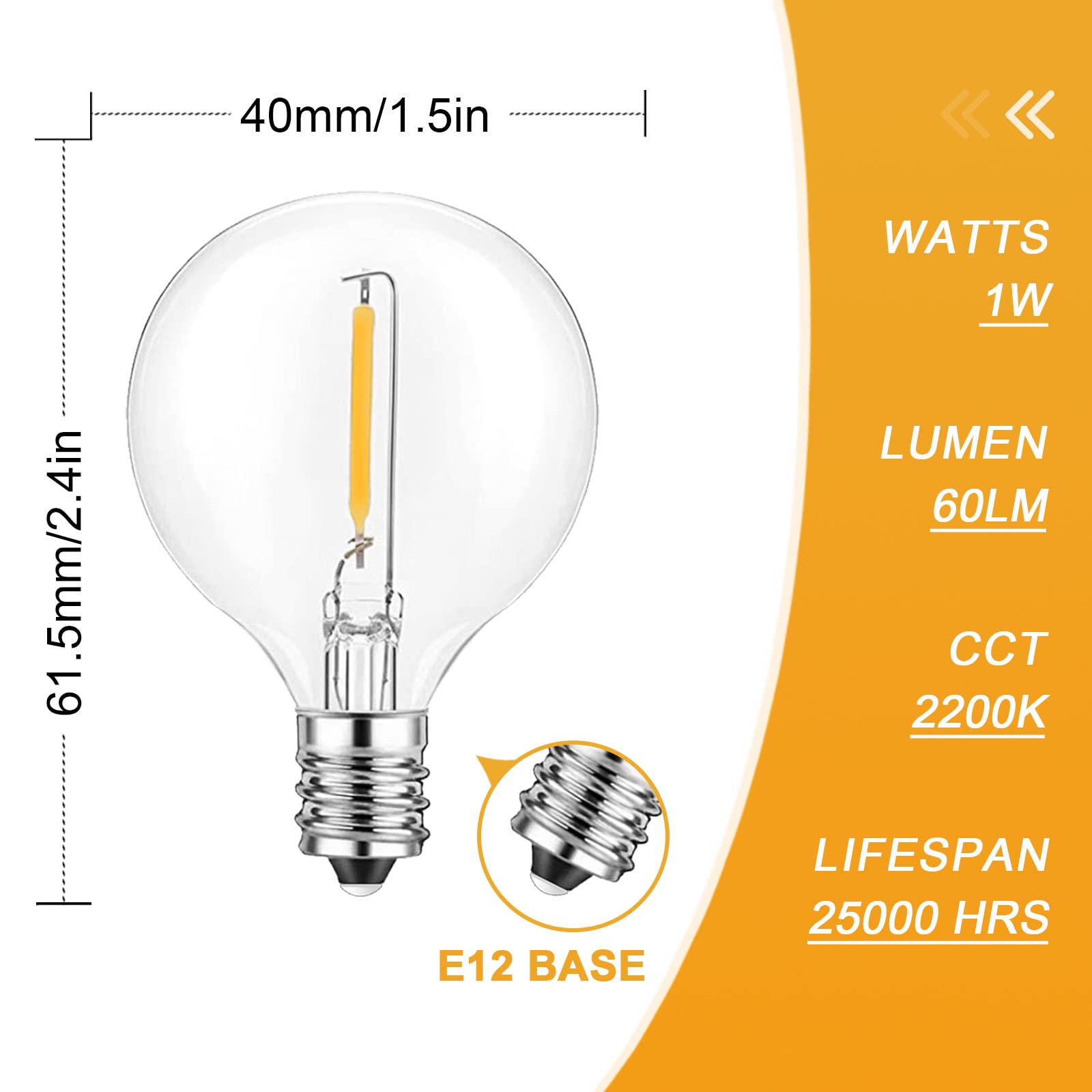 Jslinter 25Pack G40 LED String Light Bulbs Replacement, 1W(11W Equivalent), 60LM, 2200K Warm White, Shatterproof, E12 Screw Base, Vintage Edison Bulbs for Patio Garden