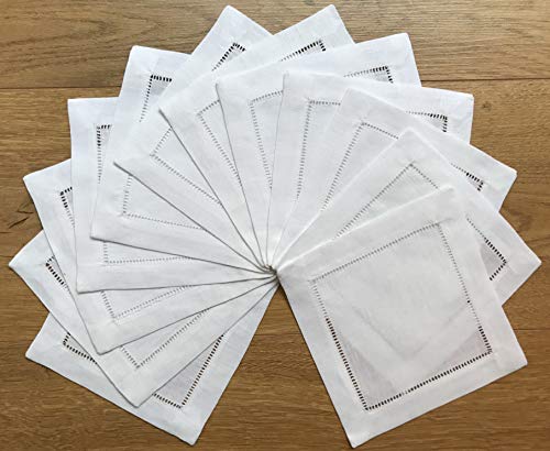 White Linen Cocktail Napkin 6"x6" Set of 50 Linen Cloth Napkin Coasters-Ladder Hemstitch 100% Linen Beverage Party Napkin Coaster Super Value Bulk 50 Pack