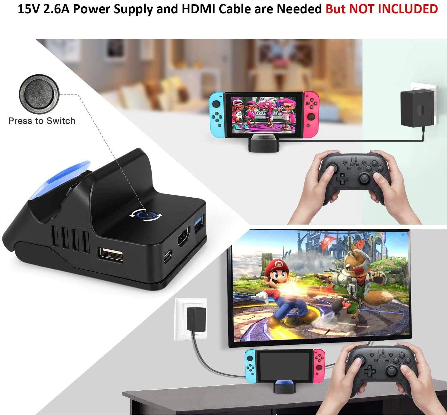 Kahool Switch Charger with TV Dock Set for Nintend Switch, Switch Lite, OLED,Non-OEM AC Power Adapter with 5ft Charging Cable, Portable Docking Station Base Cradle