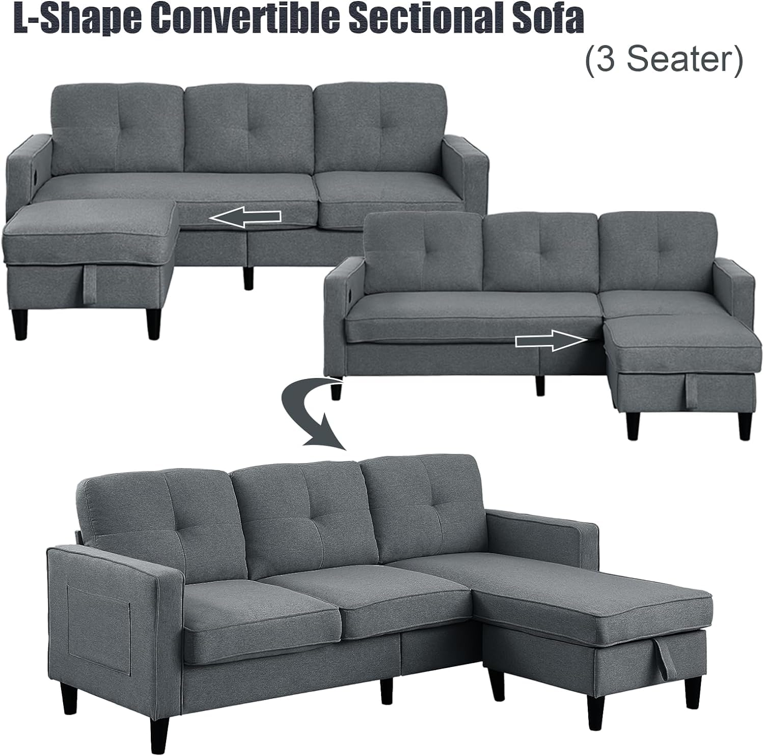 Uoobmope 78" L Shaped Sectional Couch, 3-Seat Sectional Sofa w/Movable Storage Ottoman & USB, Upholstered Linen sofa w/Reversible Chaise Lounge for Apartment,Compact/Small Spaces-Dark Grey