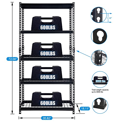 Pachira 36" W x 18" D x 72" H Adjustable Height 5-Shelf Steel Shelving Unit Utility Organizer Rack for Home, Office, and Warehouse, Black
