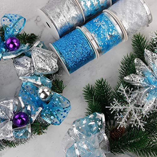 VATIN Christmas Ribbon,Wired Holiday Party Ribbons Assorted Snowflake Dot Holly Star Patterns Decorations, Swirl Sheer Glitter Ribbon 36 Yards (2.5" Width x 6Yard Each Roll) -Blue/Silver