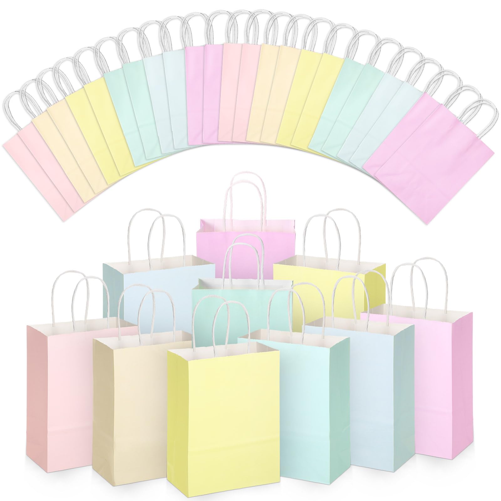 Skyygemm 32 Pcs Paper Gift Bags Bulk with Handle, Assorted Colors Kraft Party Favor Bags Goodie Bags Gift Wrap Bags for Birthday Party Decor (6.3 x 3.2 x 8.6 Inch,Pastel Color)