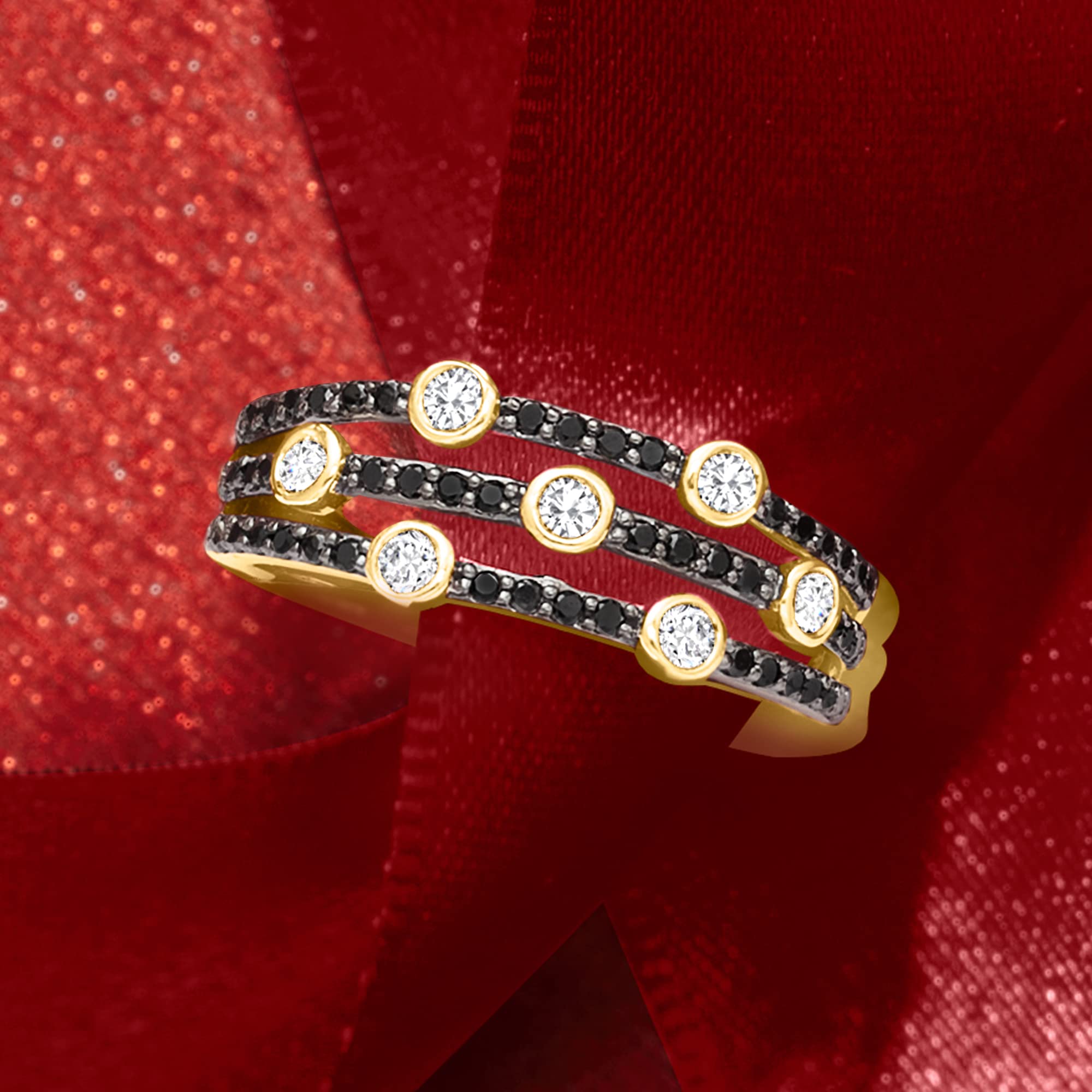 Ross-Simons 0.50 ct. t.w. Black and White Diamond 3-Row Ring in 14kt Yellow Gold. Size 9