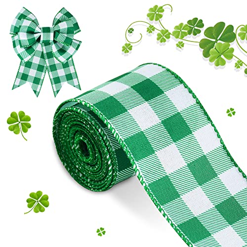 TONIFUL Green and White Wired Burlap Ribbon, 2.5 inch x 6yd, Green Plaid Check Ribbons for St Patrick's Day Decor,Spring Summer Wreath Making, Bows Crafts Gift Wrapping