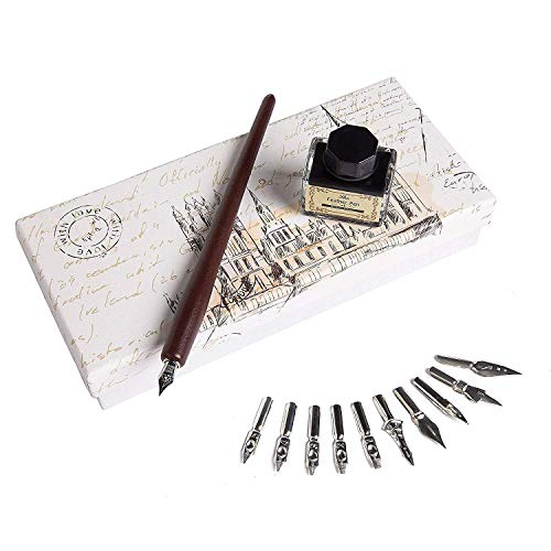 Wooden Quill Pen wiht Ink Set Handcrafted Wooden Callgraphy Pen Writing Dip Ink Pen Gift Set with 11pcs Metal Pen Nibs &Black Ink
