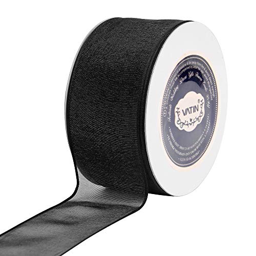 VATIN Christmas Ribbon Sheer Organza Wired Ribbon 1-1/2 inch 25 Yards (75Ft) -Black ,Perfect for Making Bows and Wreaths