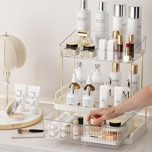 STORICANS 2-Tier 1-Drawer Bathroom Counter Organizer, Multi-Purpose Makeup Organizer Countertop, Large Skincare Organizers, Exquisite Vanity Organizer |12.5 Inch Clear