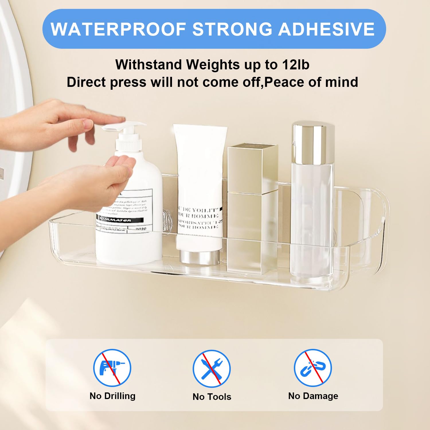 Diesisa 2pc Acrylic Wall Mount Organizer, Adhesive Shelf, Bathroom Shelves for Wall, Self Adhesive Organizer, No Drilling Hang Walls,with Self Adhesive Tape, for Bathroom, Kitchen, Living Room