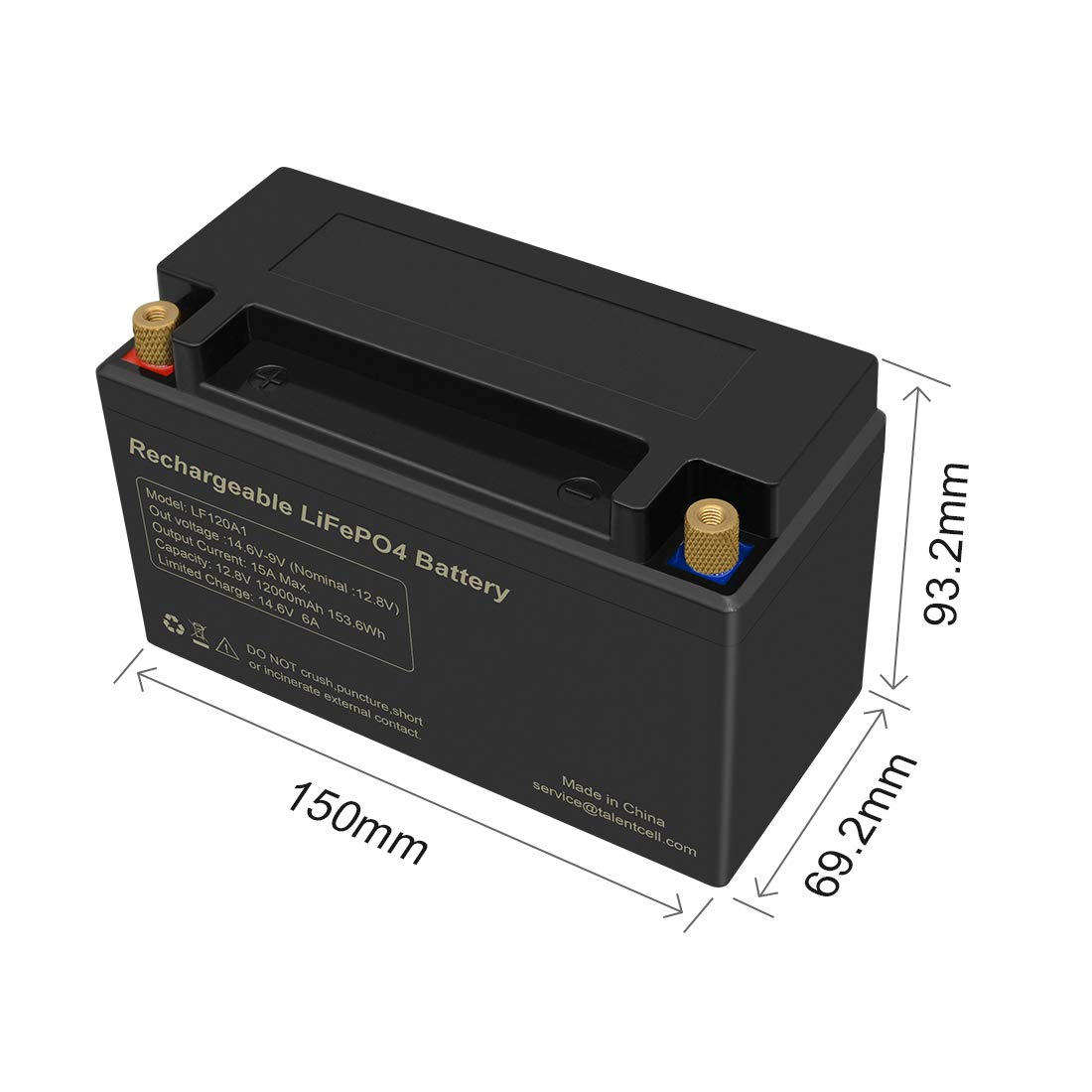 Talentcell 12V LiFePO4 Battery Pack LF120A1, Deep Cycle Rechargeable 153.6Wh 12.8V 12Ah Lithium Iron Phosphate Batteries