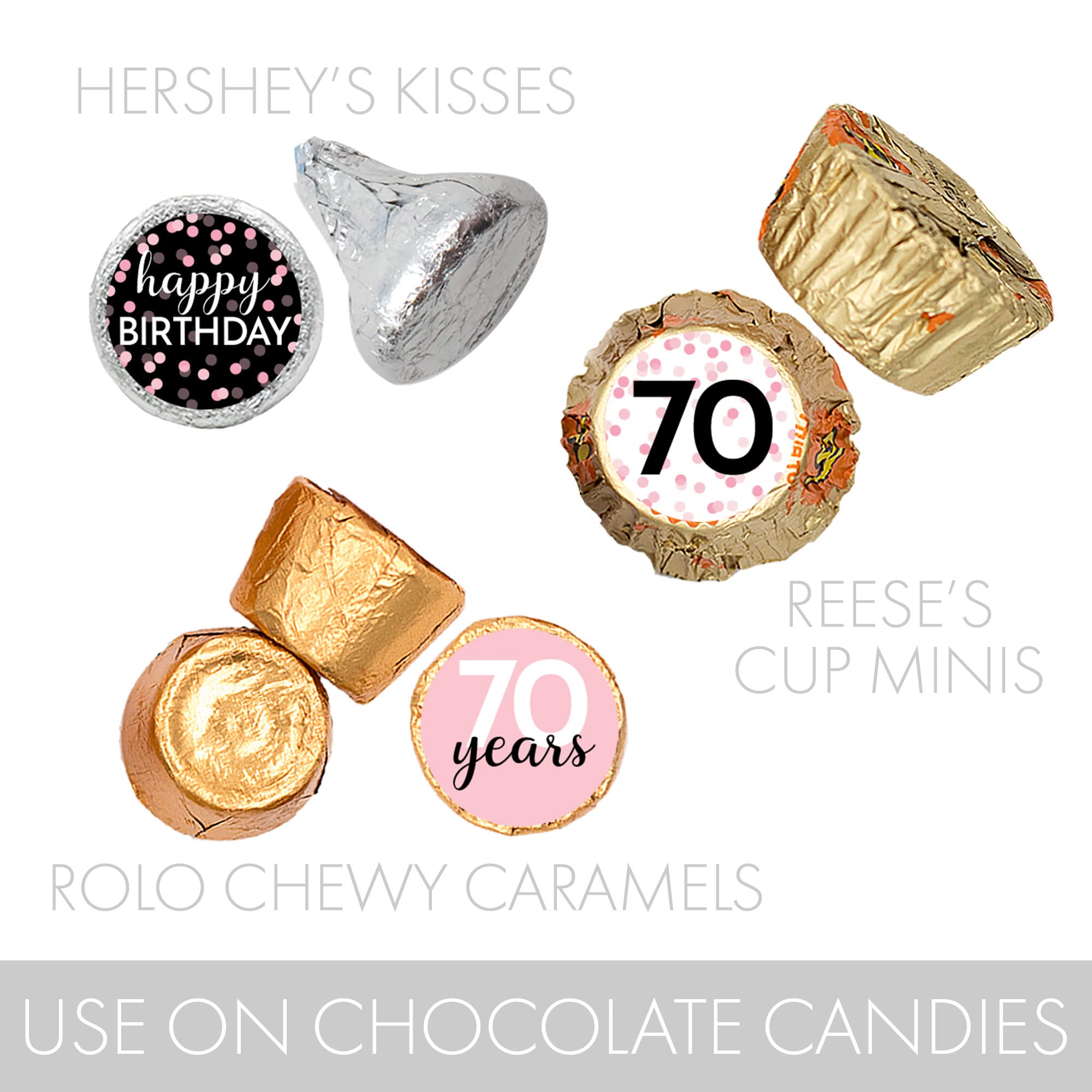 Pink, Black, and White 70th Birthday Party Favor Stickers, Chocolate Kisses Candy Stickers - 180 Count - 70th Birthday Decorations