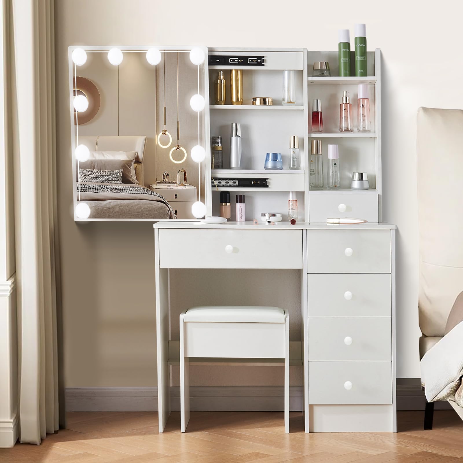 Guanglai Vanity Set with Sliding Mirror and Light, Vanity Dressing Table with 5 Drawers and Open Shelf, 2024 New Makeup Dresser, Vanity Desk with Stool for Christmas Day
