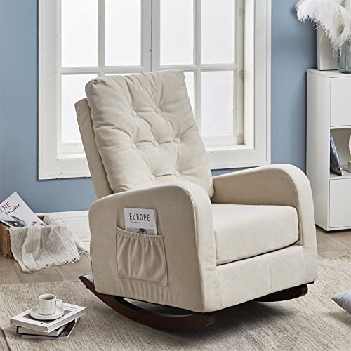 Ucloveria Chair Mid-Century Modern Nursery Rocking Armchair Upholstered Tall Back Accent Glider Rocker for Living Room, Beige