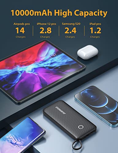 Portable Phone Charger Power Bank 10000mAh, Alongza Portable Charger Built in Cable USB Battery Pack, Slim External Backup Battery Charger with Cable, Travel Charger Compatible with iPhone and Android