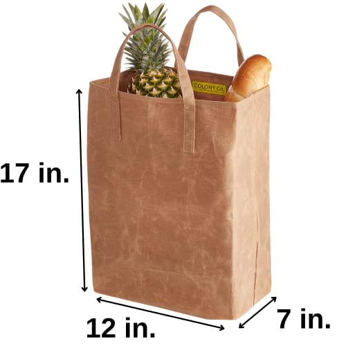 World's Strongest Grocery Bag, Handmade with Certified Organic Cotton and Hand Waxed with Beeswax, Foldable, Stiff Waxed Canvas Stands Up for Easy Filling, Plastic-Free, Reusable, GOTS, Large, Brown