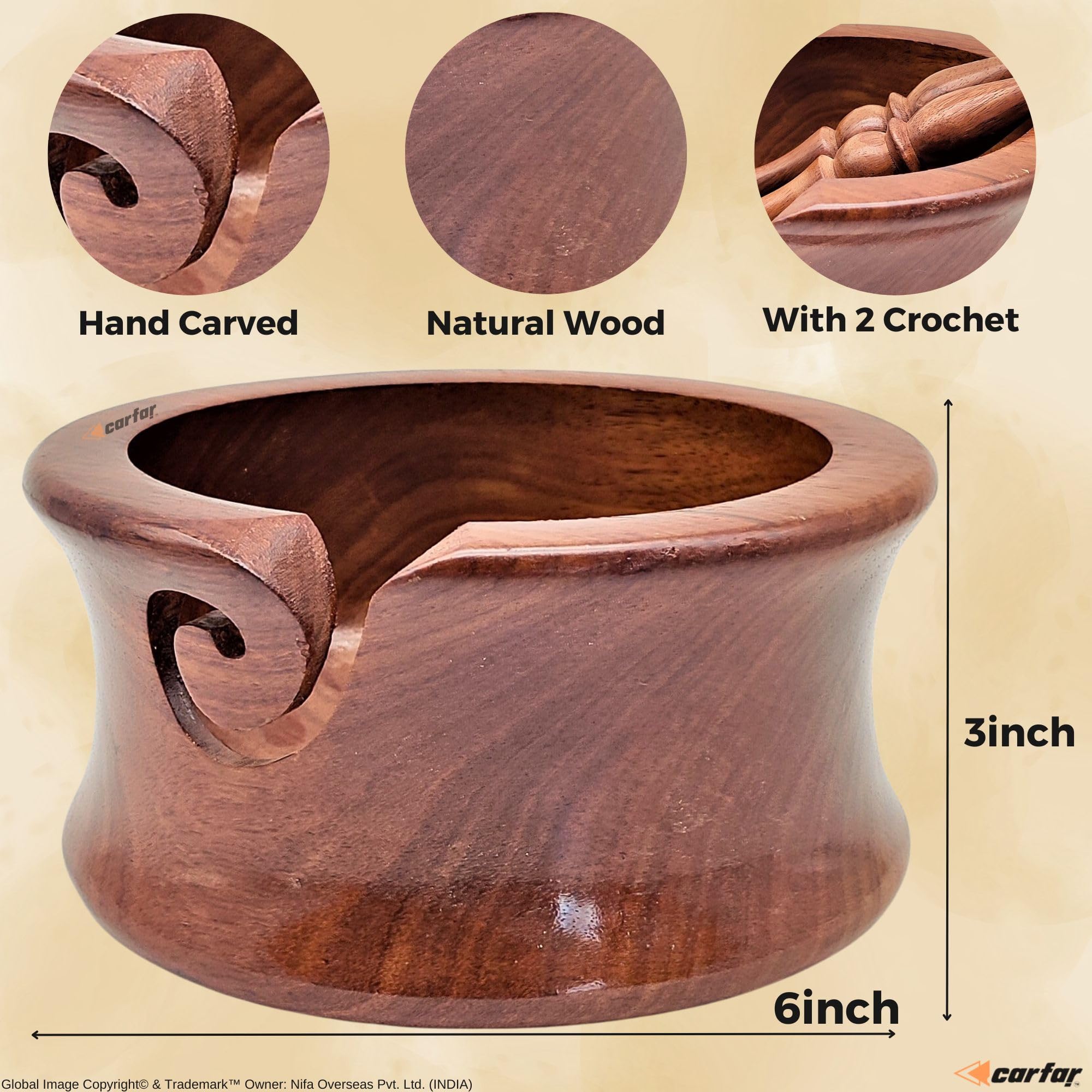 Carfar Knitting Yarn Bowl & Crochet Hooks Set Handmade Wooden Yarn Holder Bowl for Craft Crocheting and Knitting