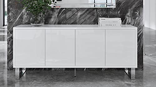 Zuri Furniture Modern Neve Sideboard in White High Gloss Lacquer with Polished Stainless Steel Legs